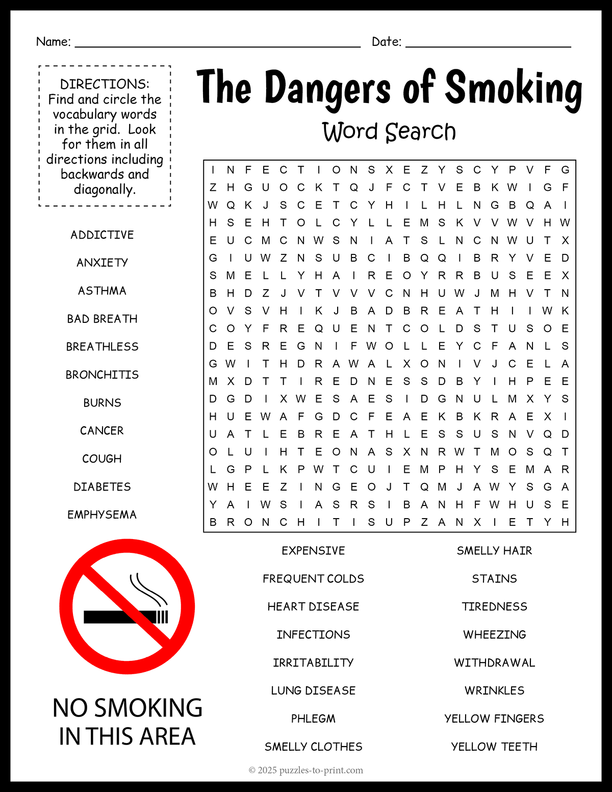 Dangers of Smoking Word Search