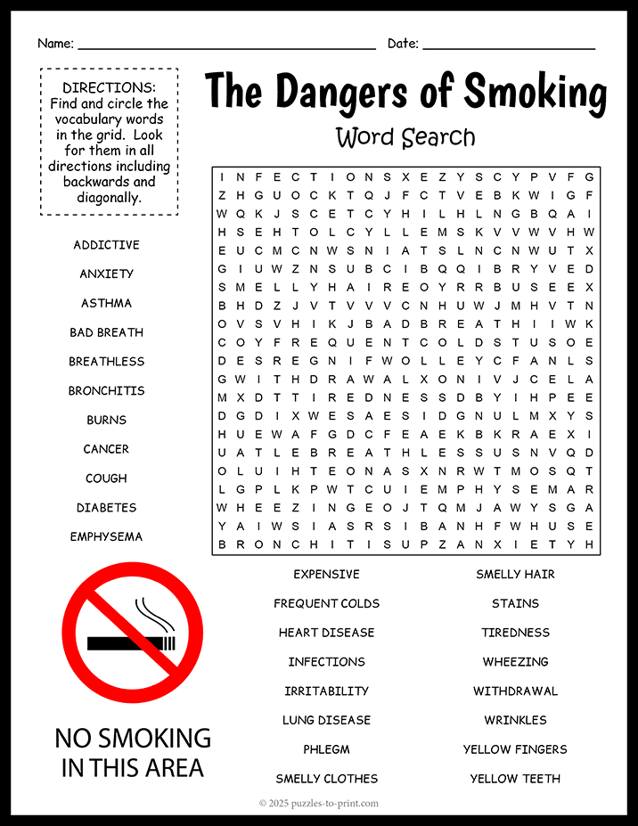 Dangers of Smoking Word Search