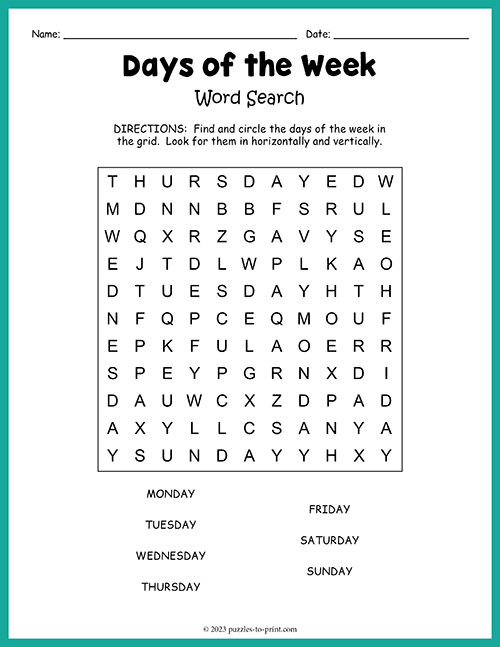 Days of the Week Word Search
