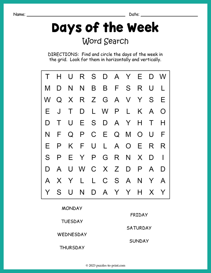 Days of the Week Word Search