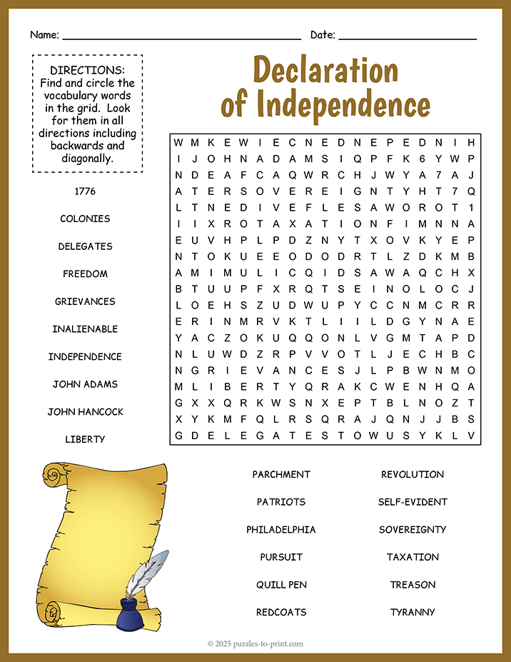Declaration of Independence Word Search