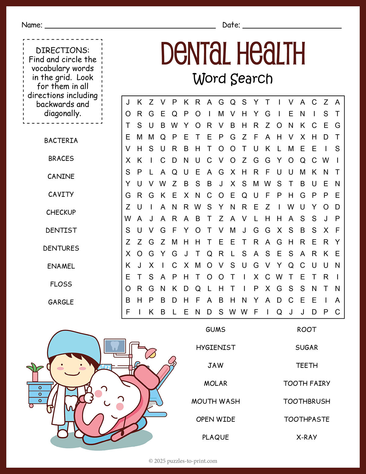 Dental Health Word Search