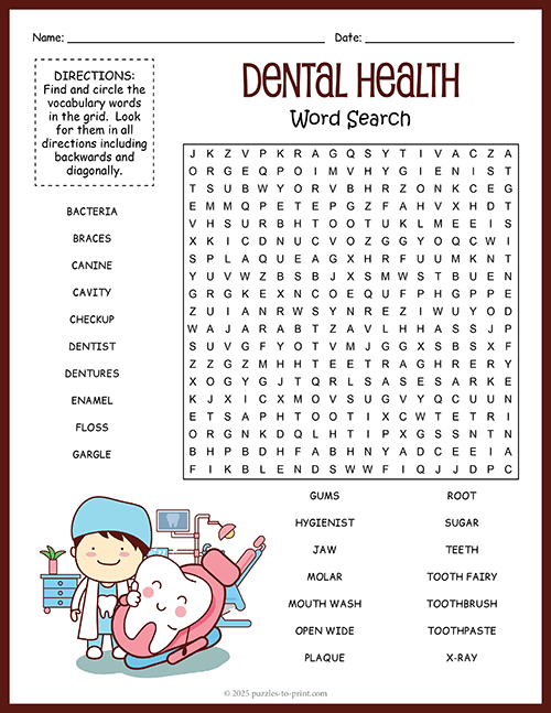 Dental Health Word Search