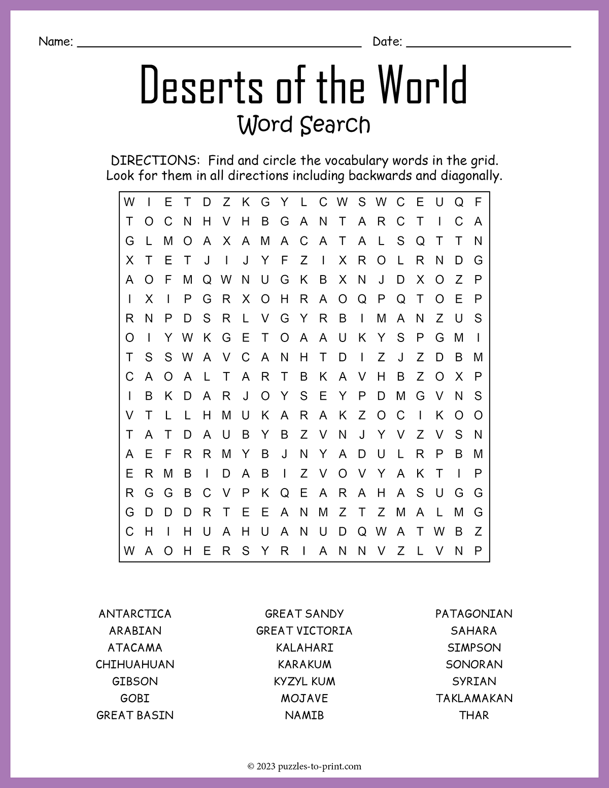 Deserts of the World Word Search