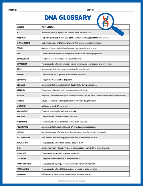 Printable DNA Glossary