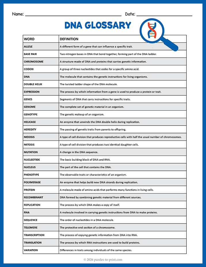 Printable DNA Glossary