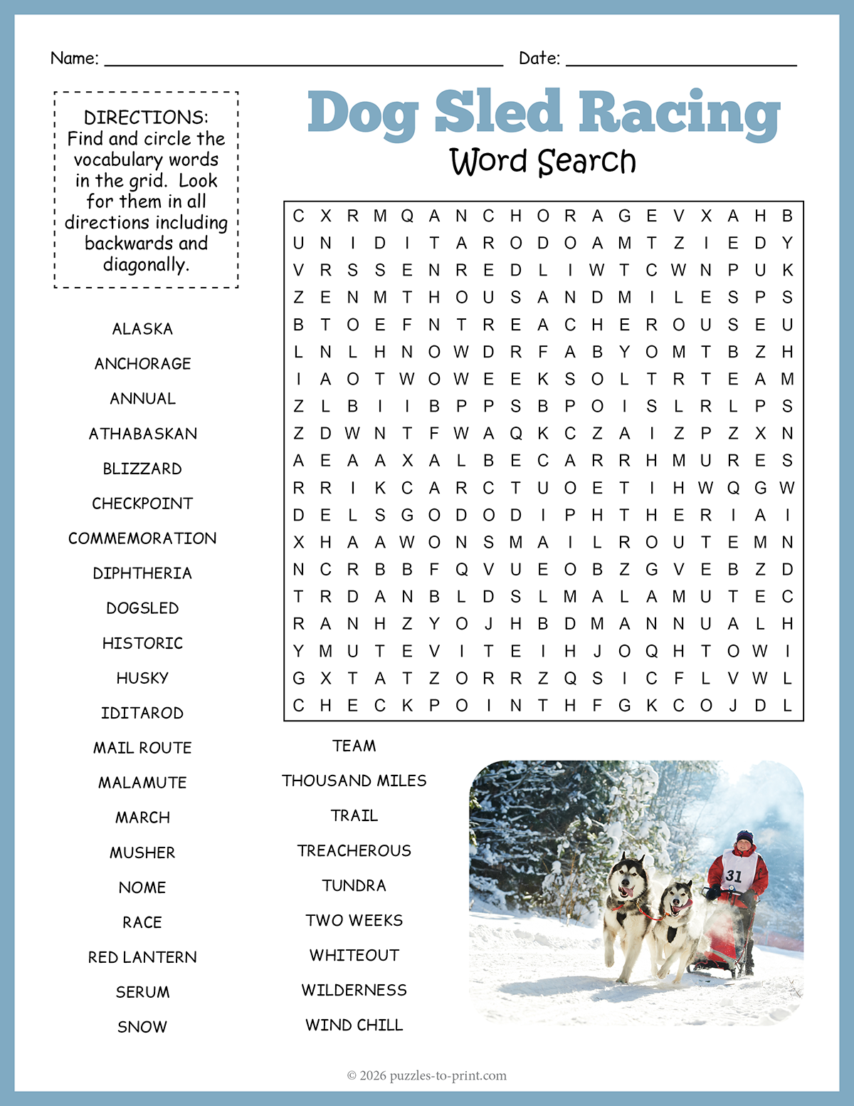Dog Sled Racing Word Search