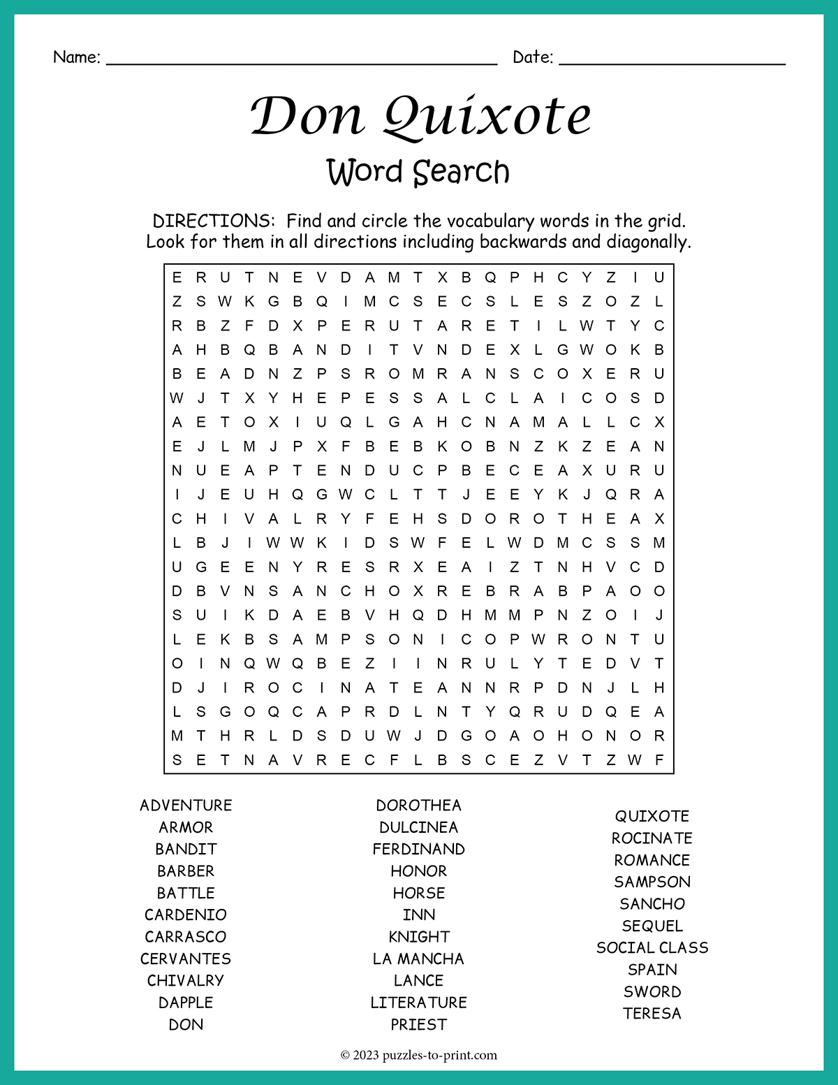 Don Quixote Word Search