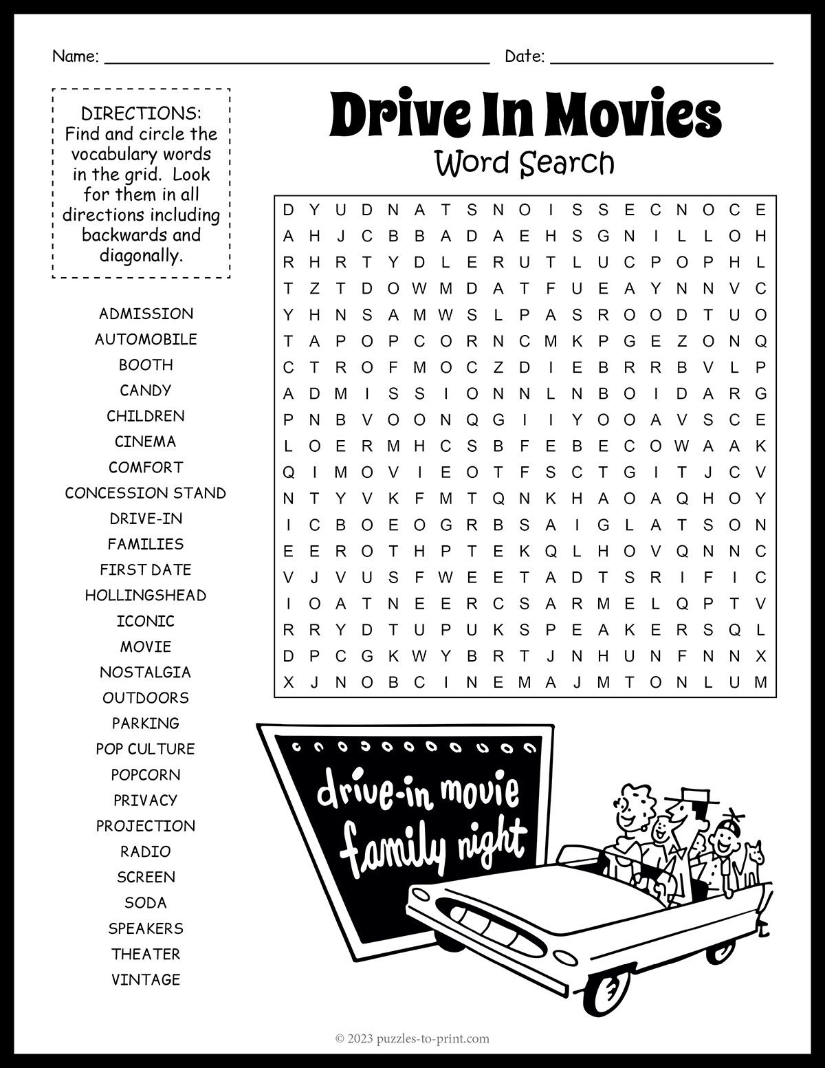 Drive In Movies Word Search