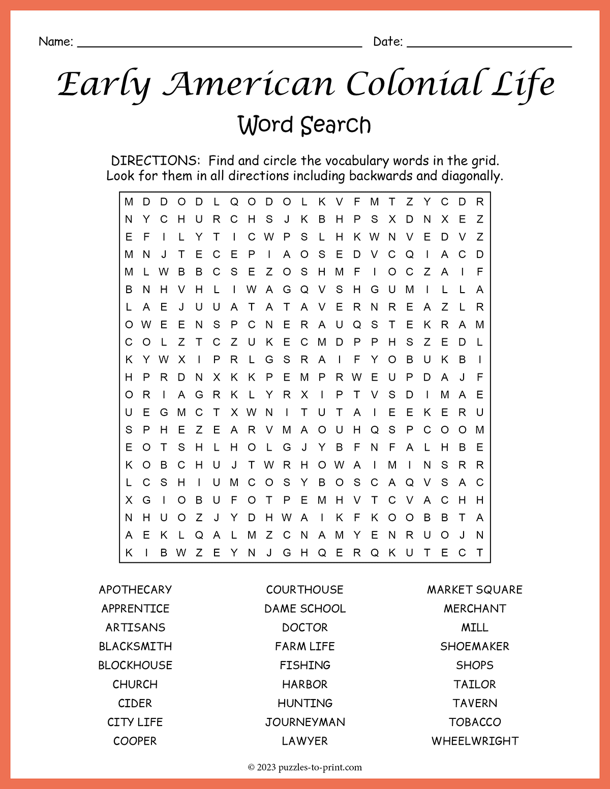 Early American Colonial Life Word Search