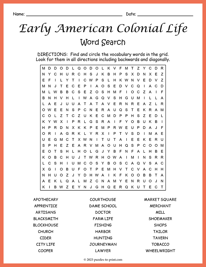 Early American Colonial Life Word Search