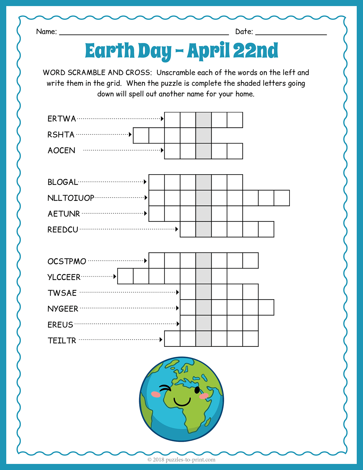 Earth Day Word Scramble and Crossword