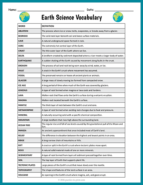 Earth Science Vocabulary - Free Printable Terms and Definitions