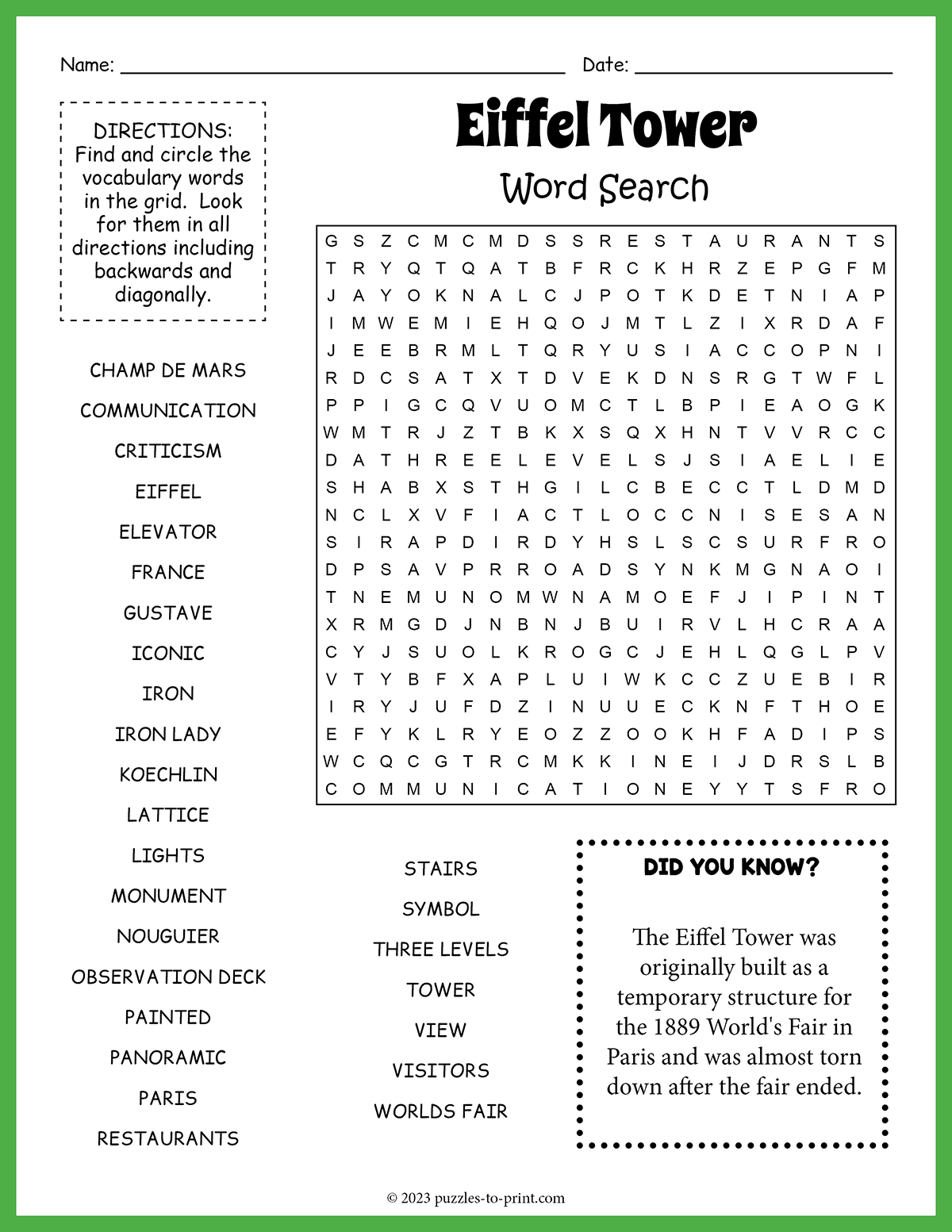 Eiffel Tower Word Search