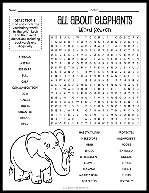 Elephant Word Search - Free Printable (Easy & Challenging)