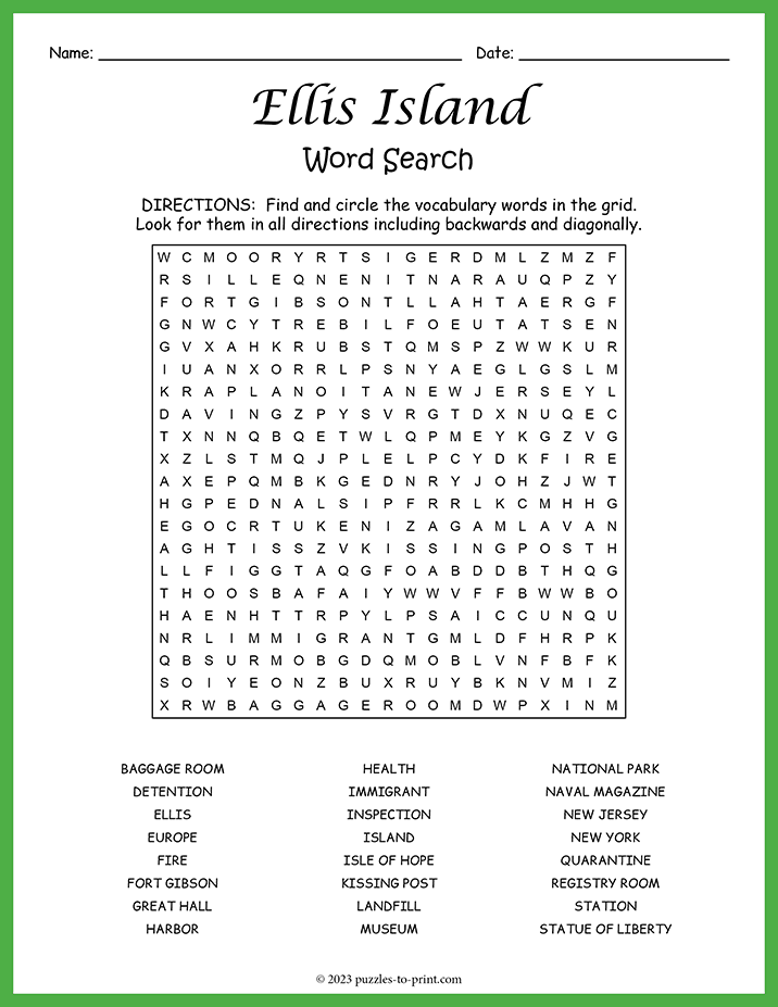 Ellis Island Word Search