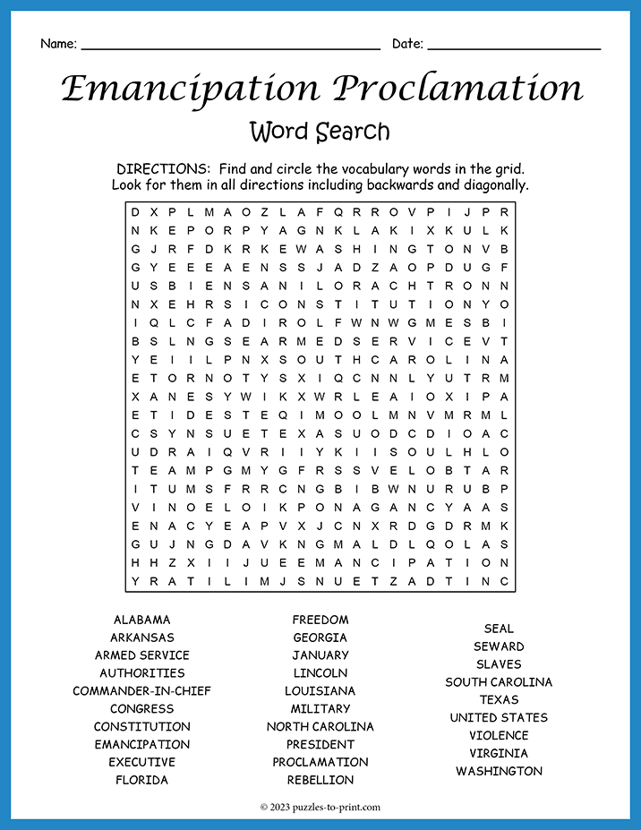 Emancipation Proclamation Word Search