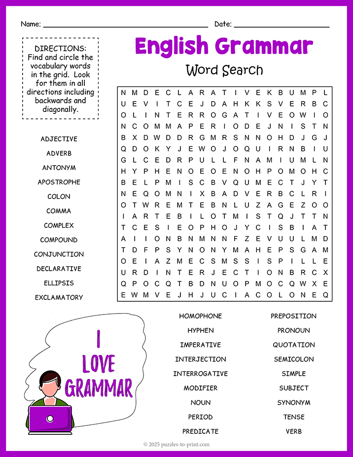 English Vocabulary Word Search Puzzles