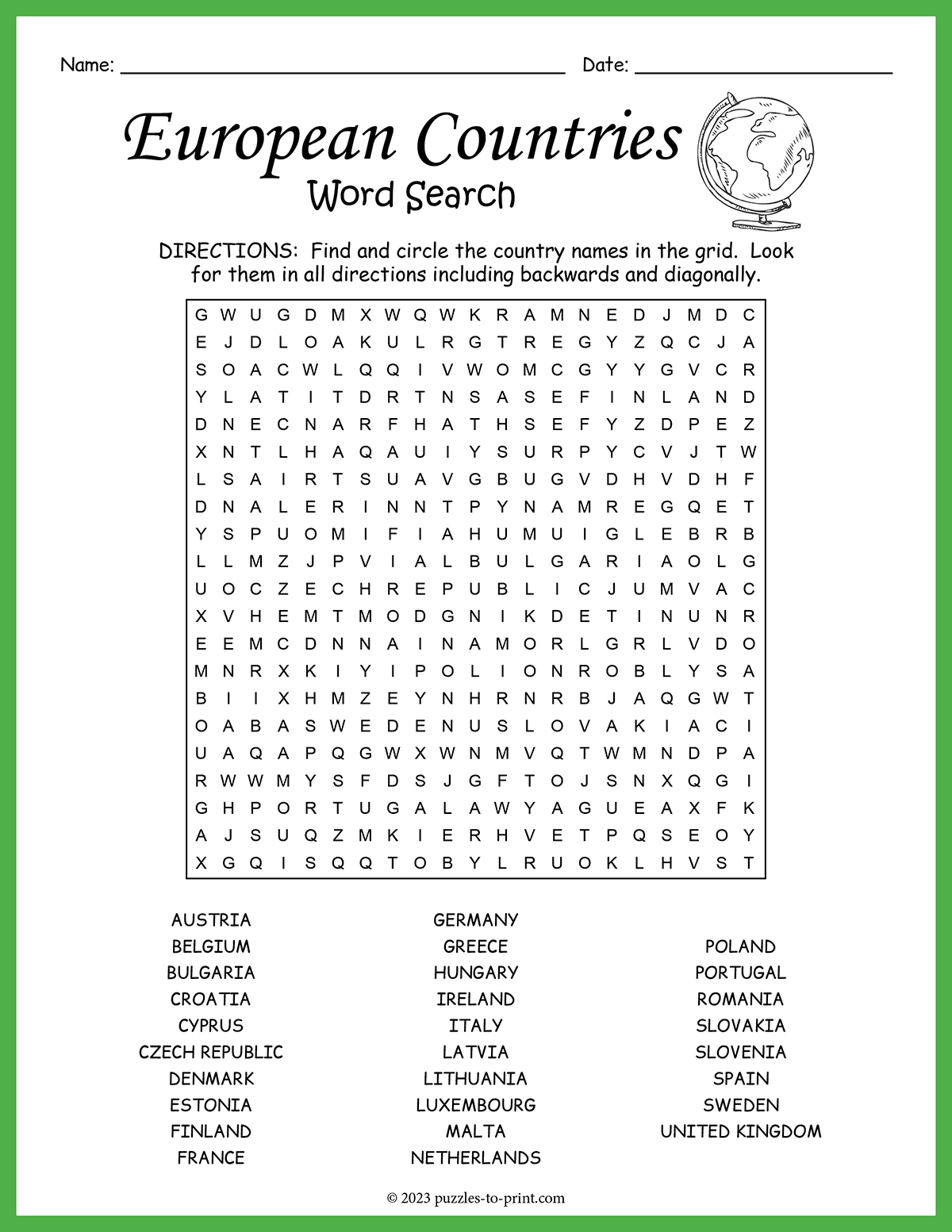 European Countries Word Search