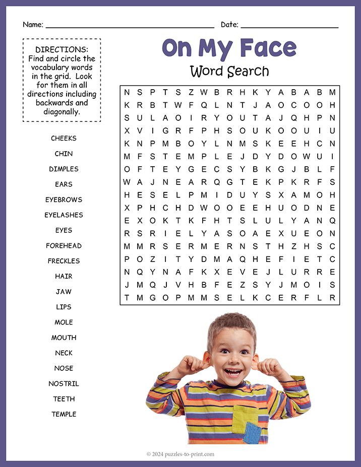 Facial Features Word Search