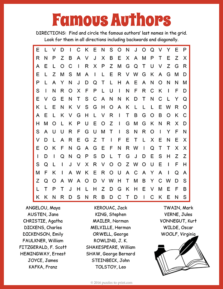 Famous Authors Word Search