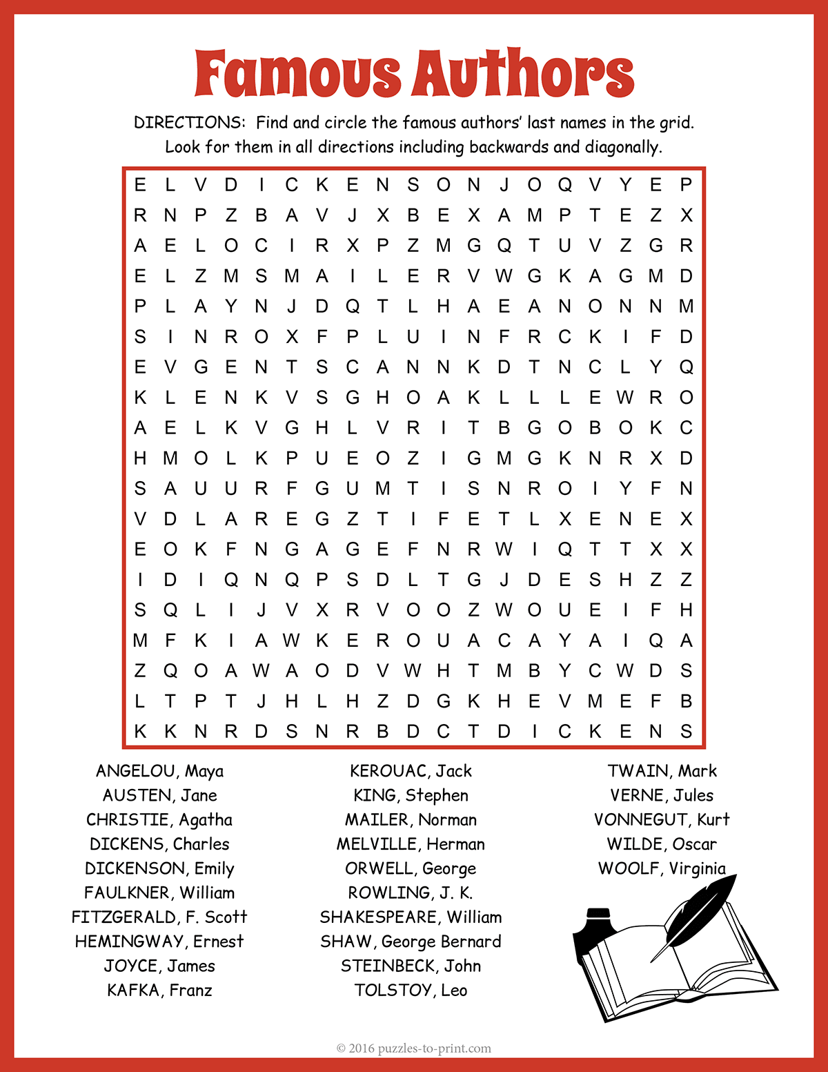 Famous Authors Word Search