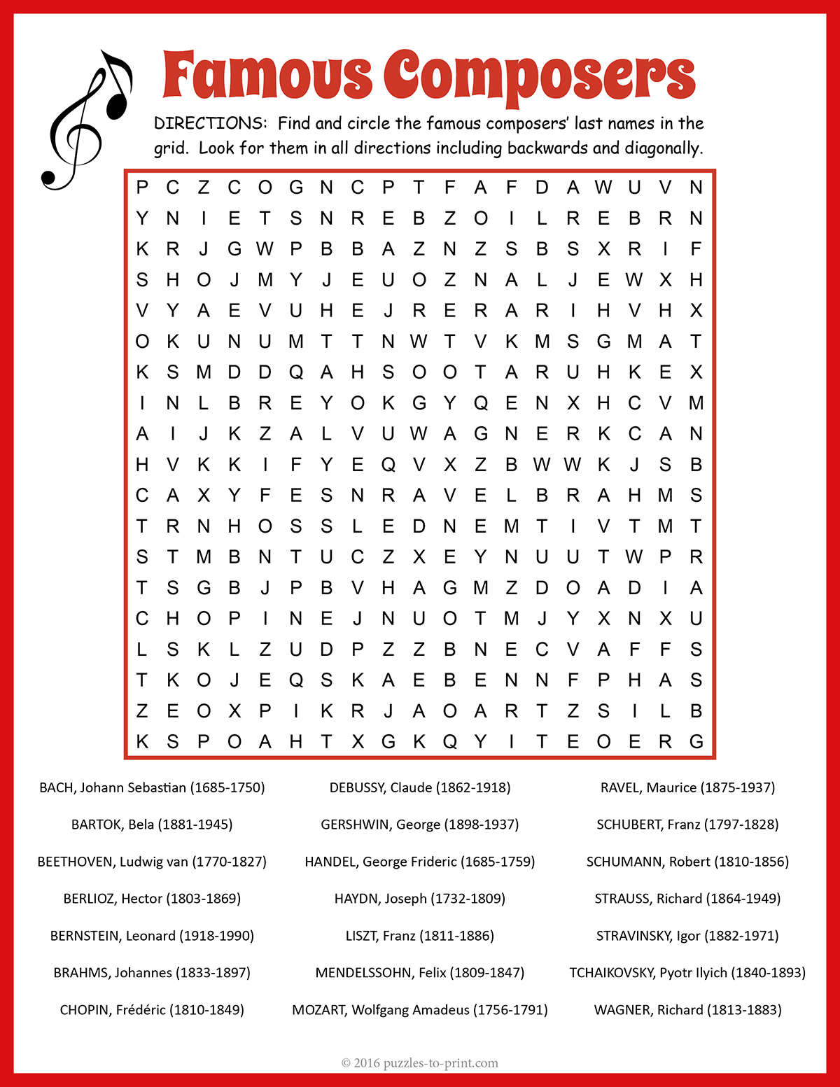 Famous Composers Word Search