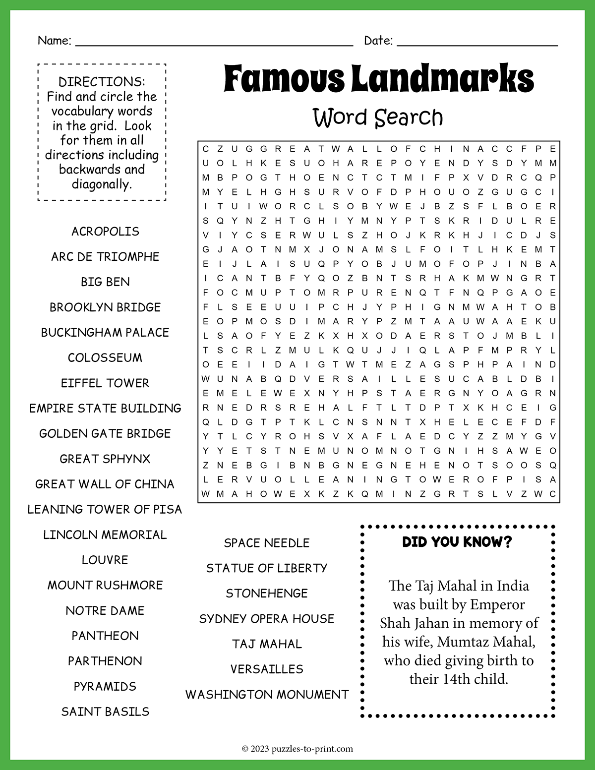 Famous Landmarks Word Search