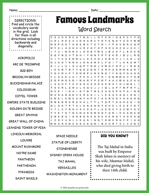 Famous Landmarks Word Search