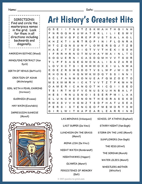 Famous Paintings Word Search