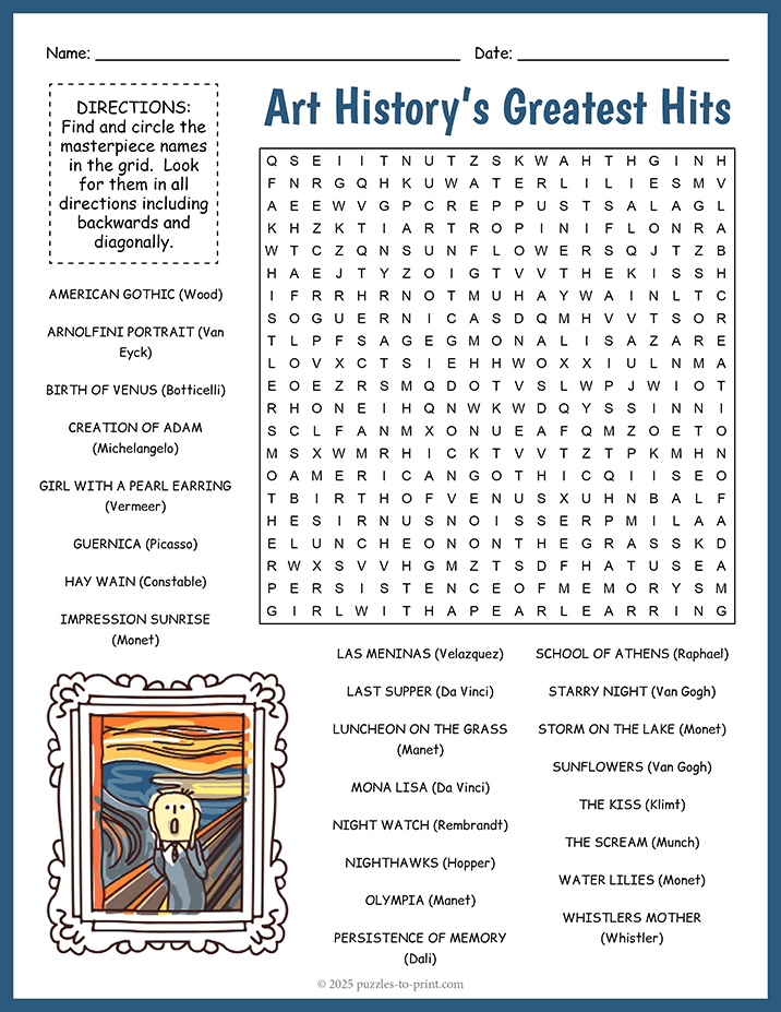 Famous Paintings Word Search