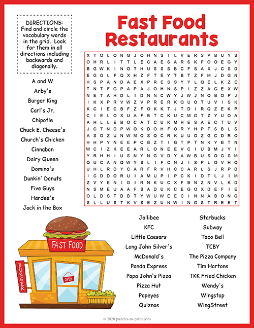 Fast Food Restaurants Word Search - Free Printable PDF