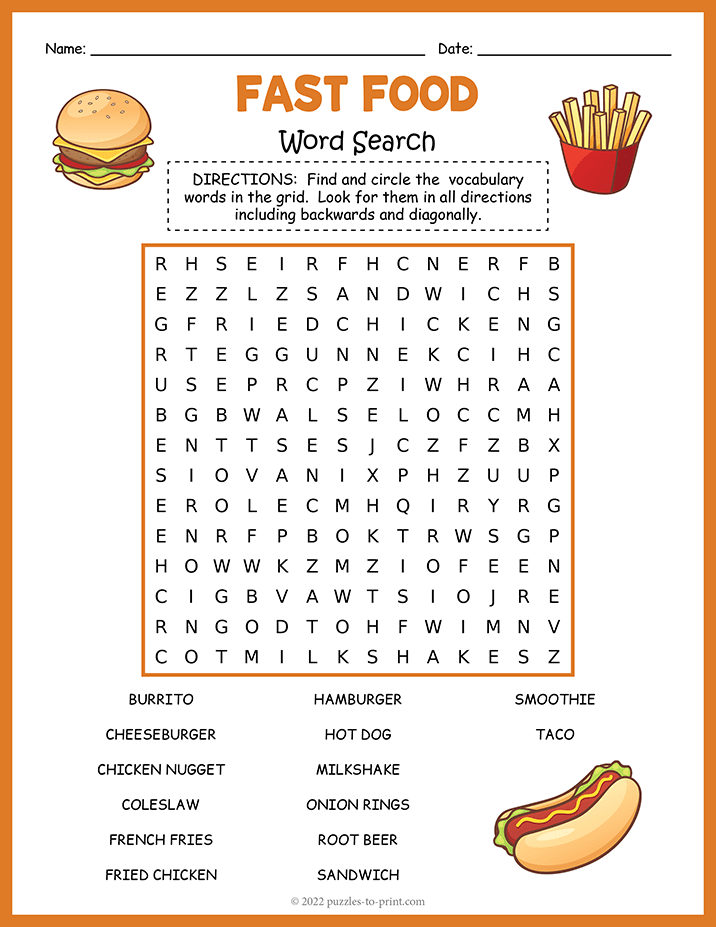 Fast Food Word Search