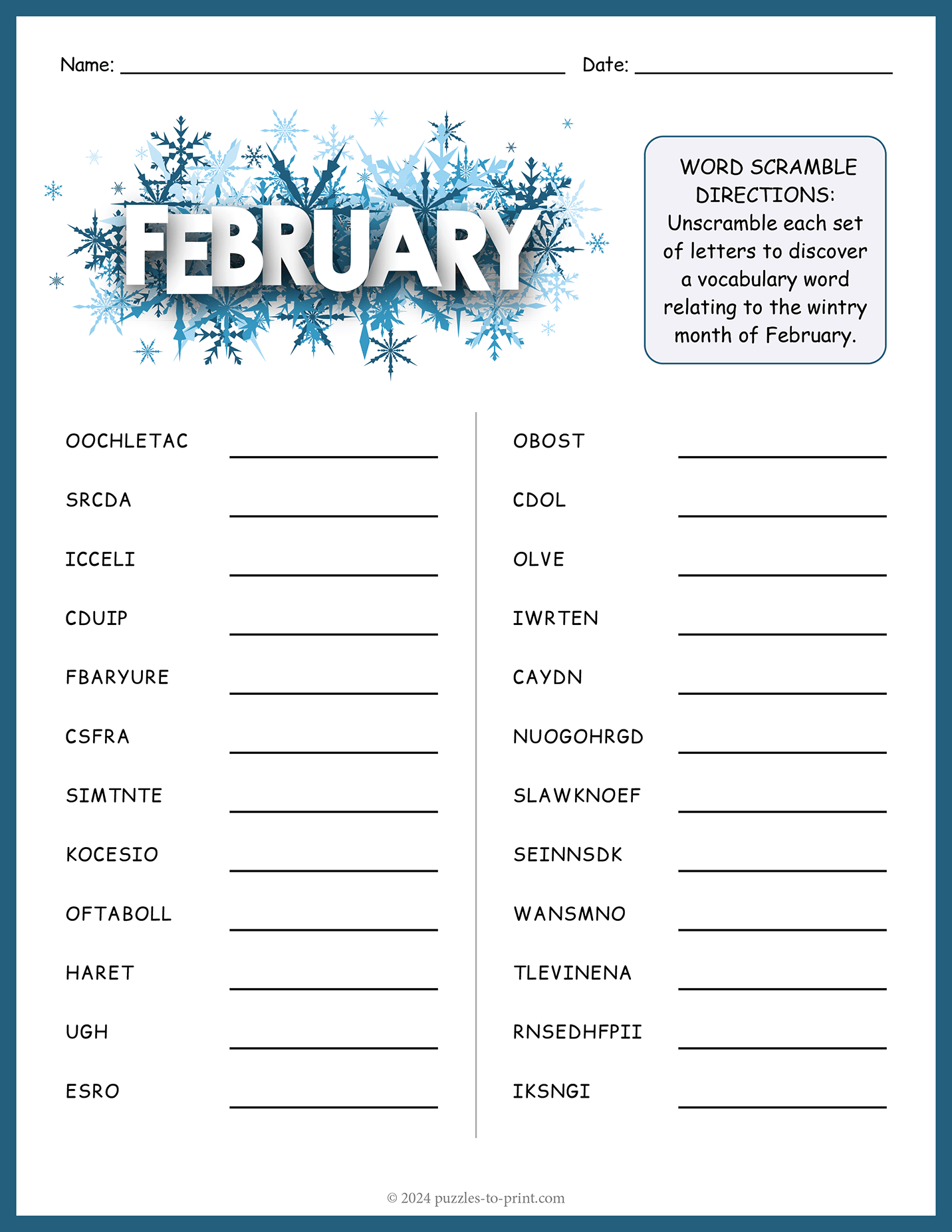 February Word Scramble