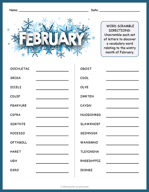 February Word Scramble