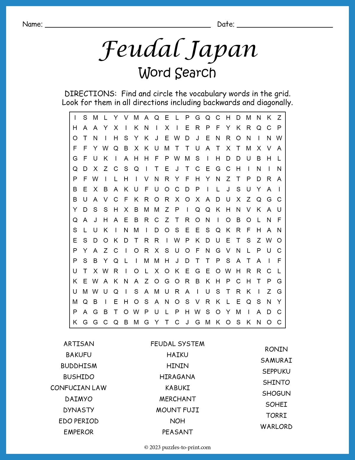 Feudal Japan Word Search