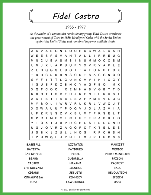 Fidel Castro Word Search