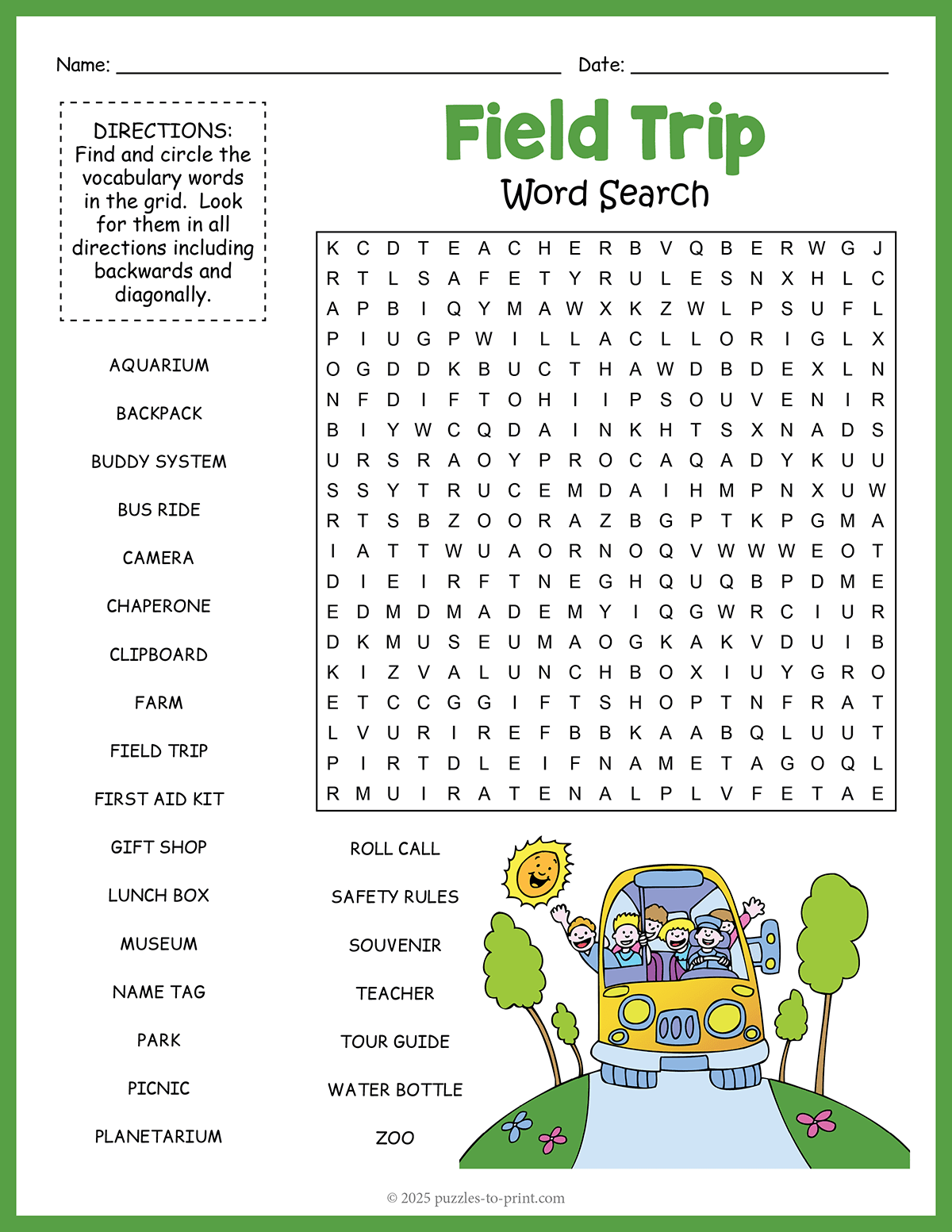Field Trip Word Search