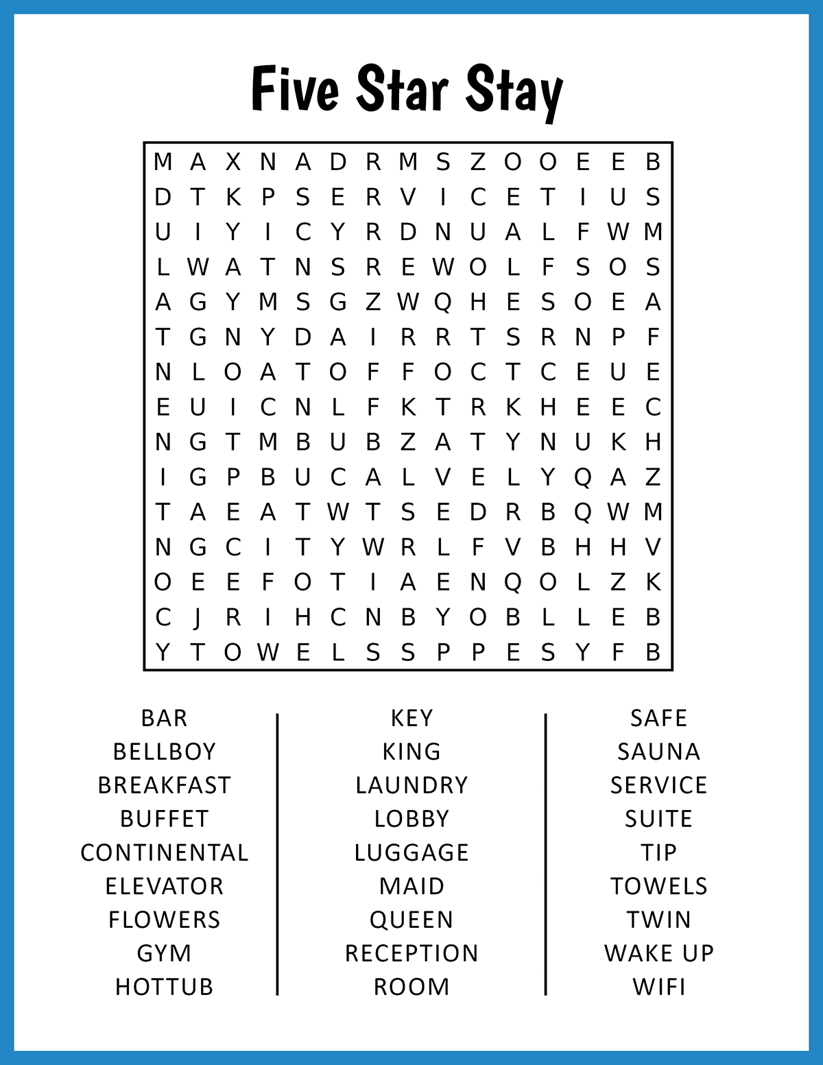 Five Star Stay Word Search