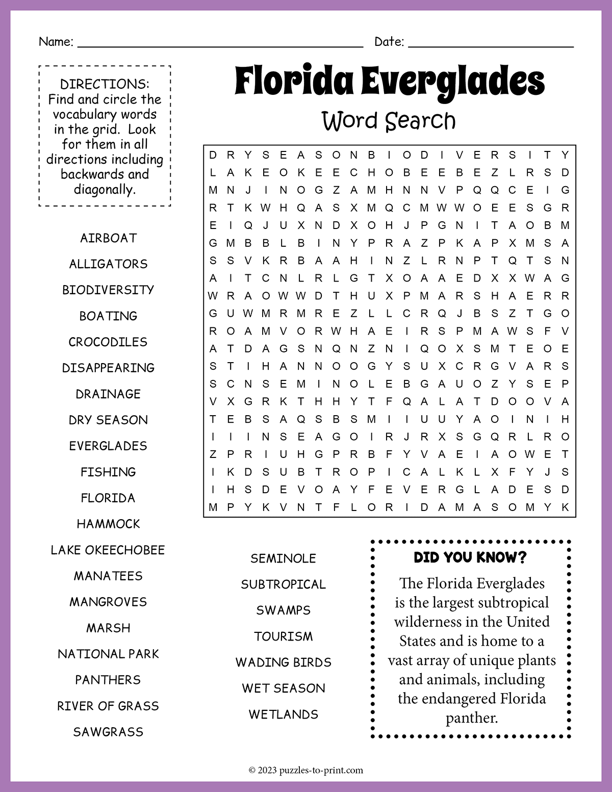 Florida Everglades Word Search