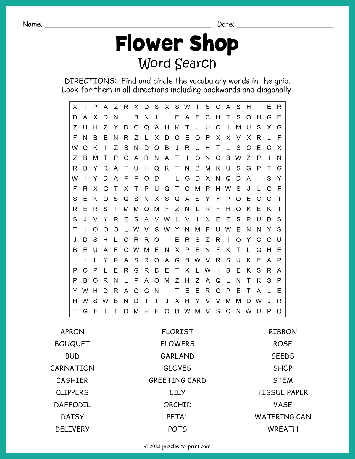 Flower Shop Word Search