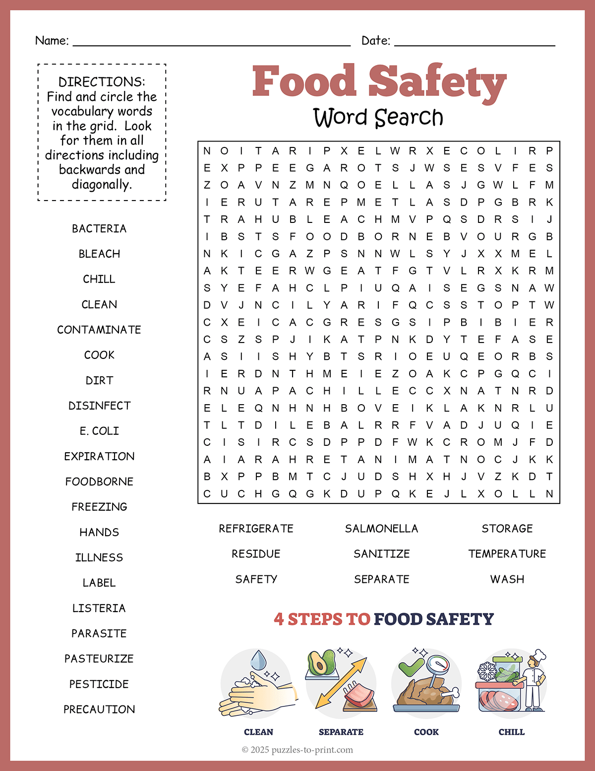 Food Safety Word Search