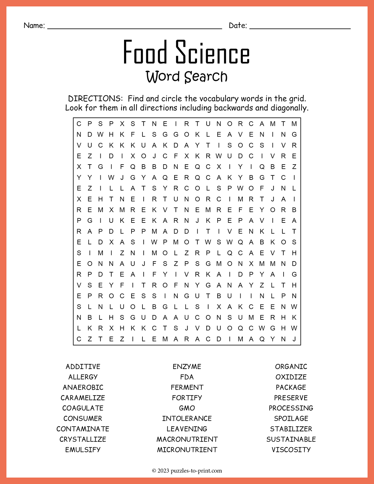 Food Science Word Search