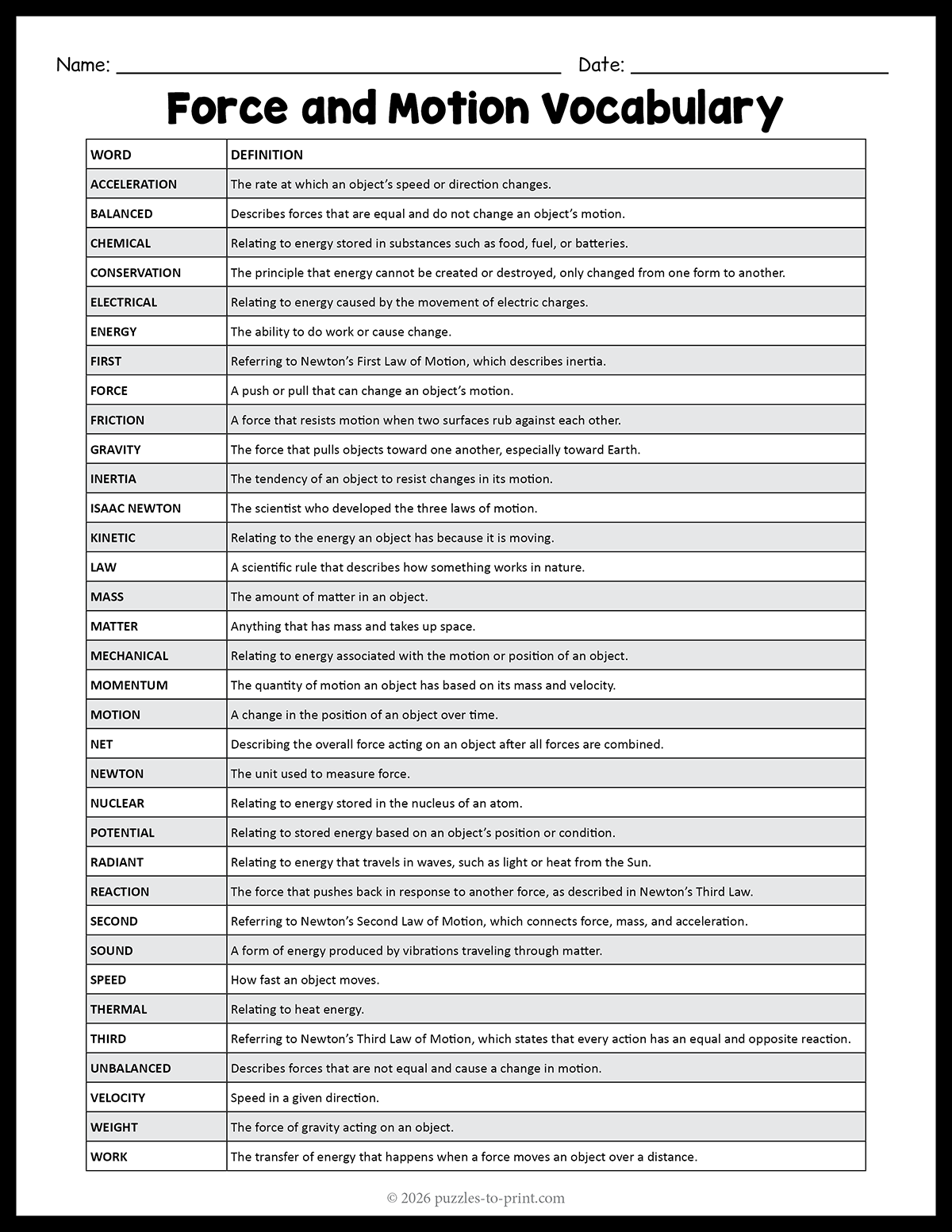 Force and Motion Vocabulary - Free Printable Terms and Definitions