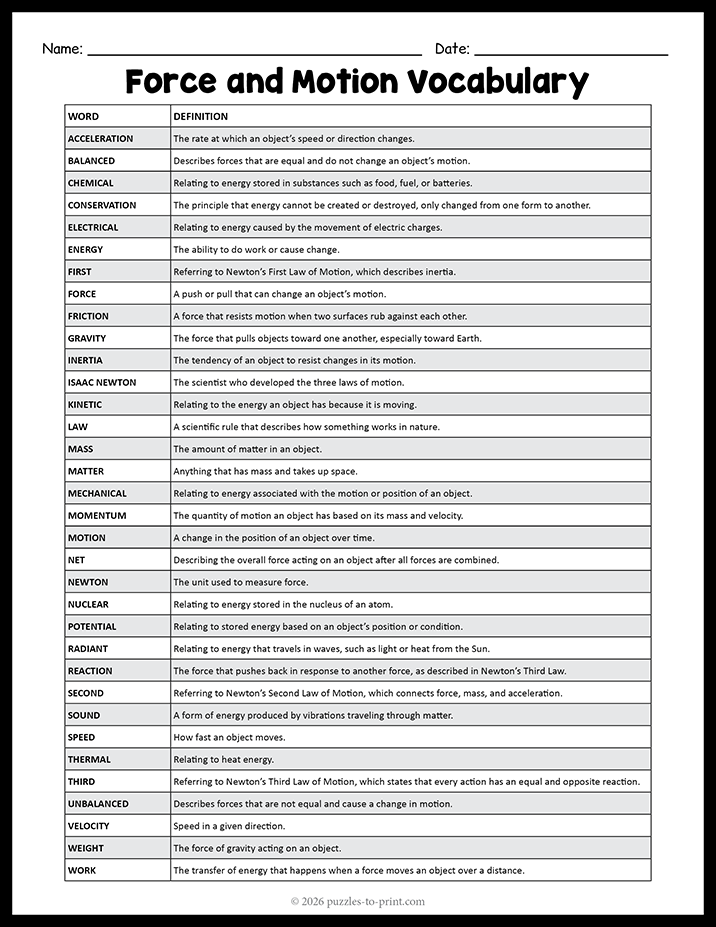 Force and Motion Vocabulary - Free Printable Terms and Definitions