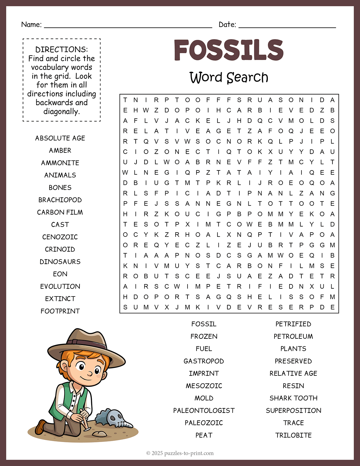 Fossils Word Search