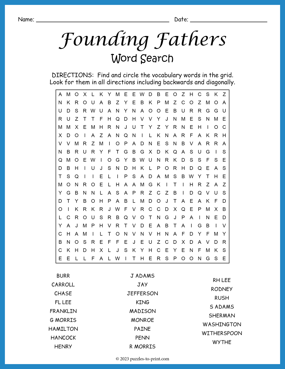 Founding Fathers Word Search