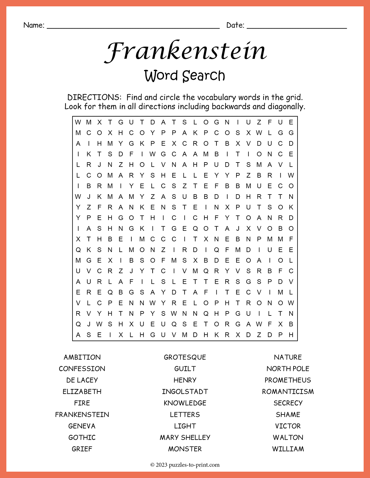 Frankenstein Word Search