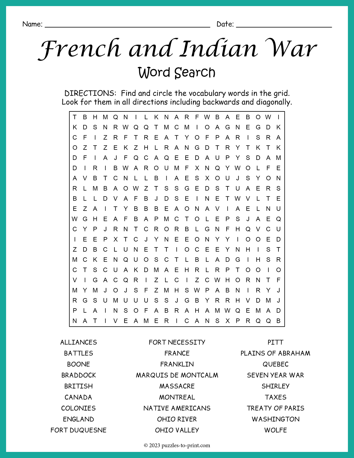 French and Indian War Word Search