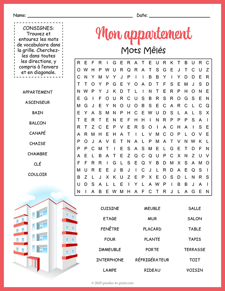 French Apartment Vocabulary Word Search